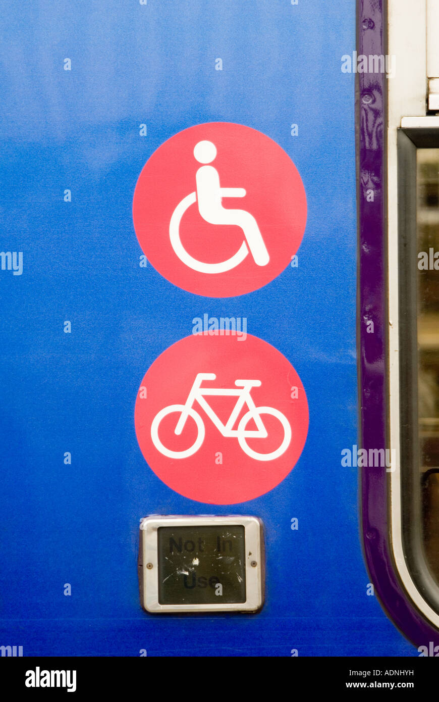 Information symbols on the side of a train carriage indicating ...