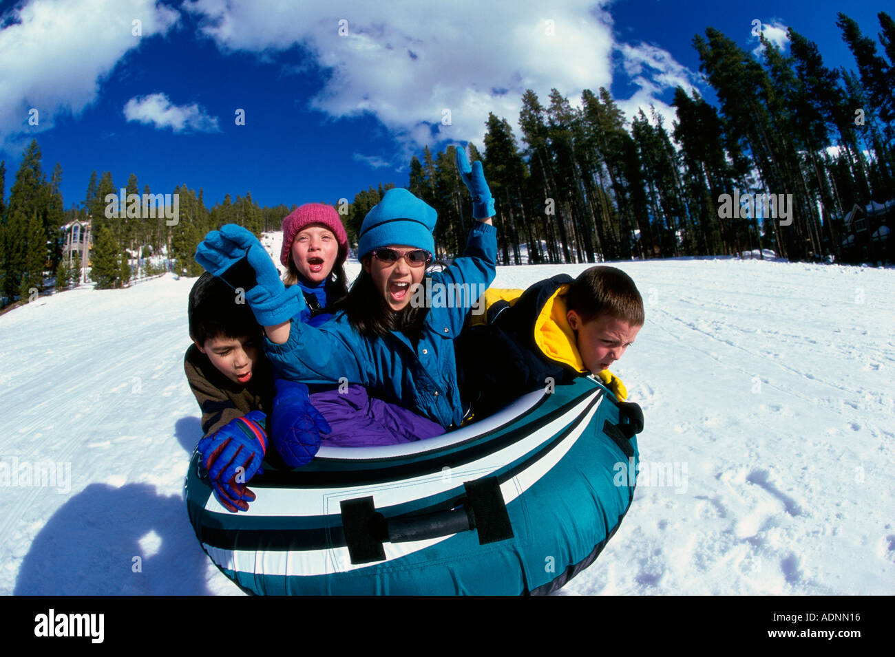 Group of children riding on a sled Stock Photo - Alamy