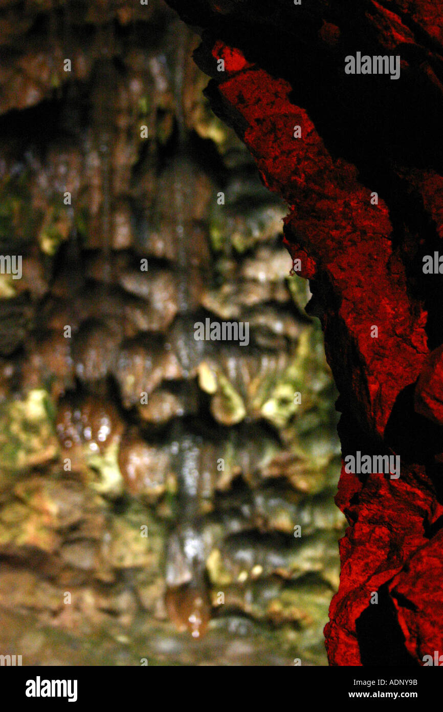red lit rock with wet stone wall in underground cave Wookey Hole ...