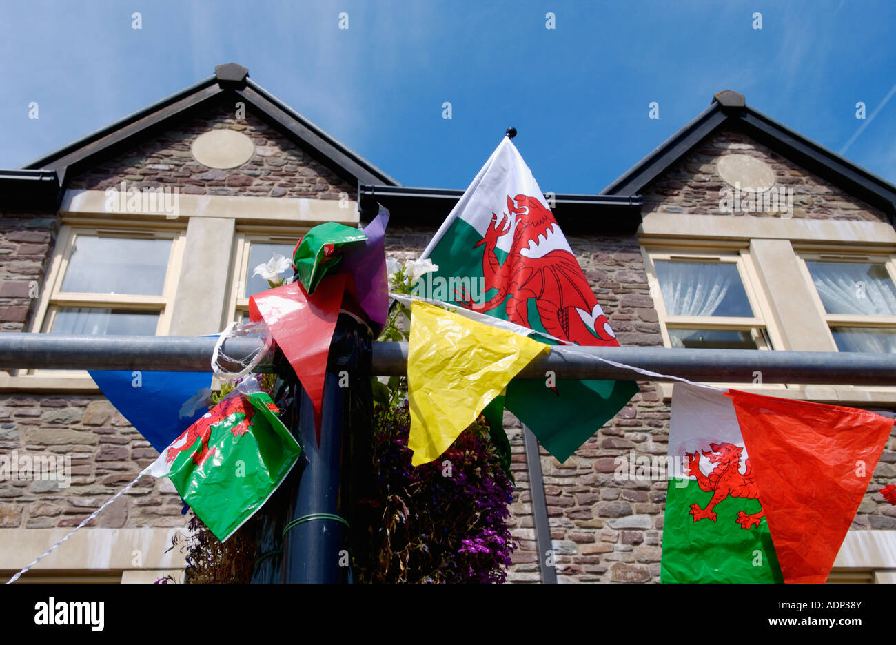 Cottages in the canal basin decorated with flags and bunting for Brecon ...