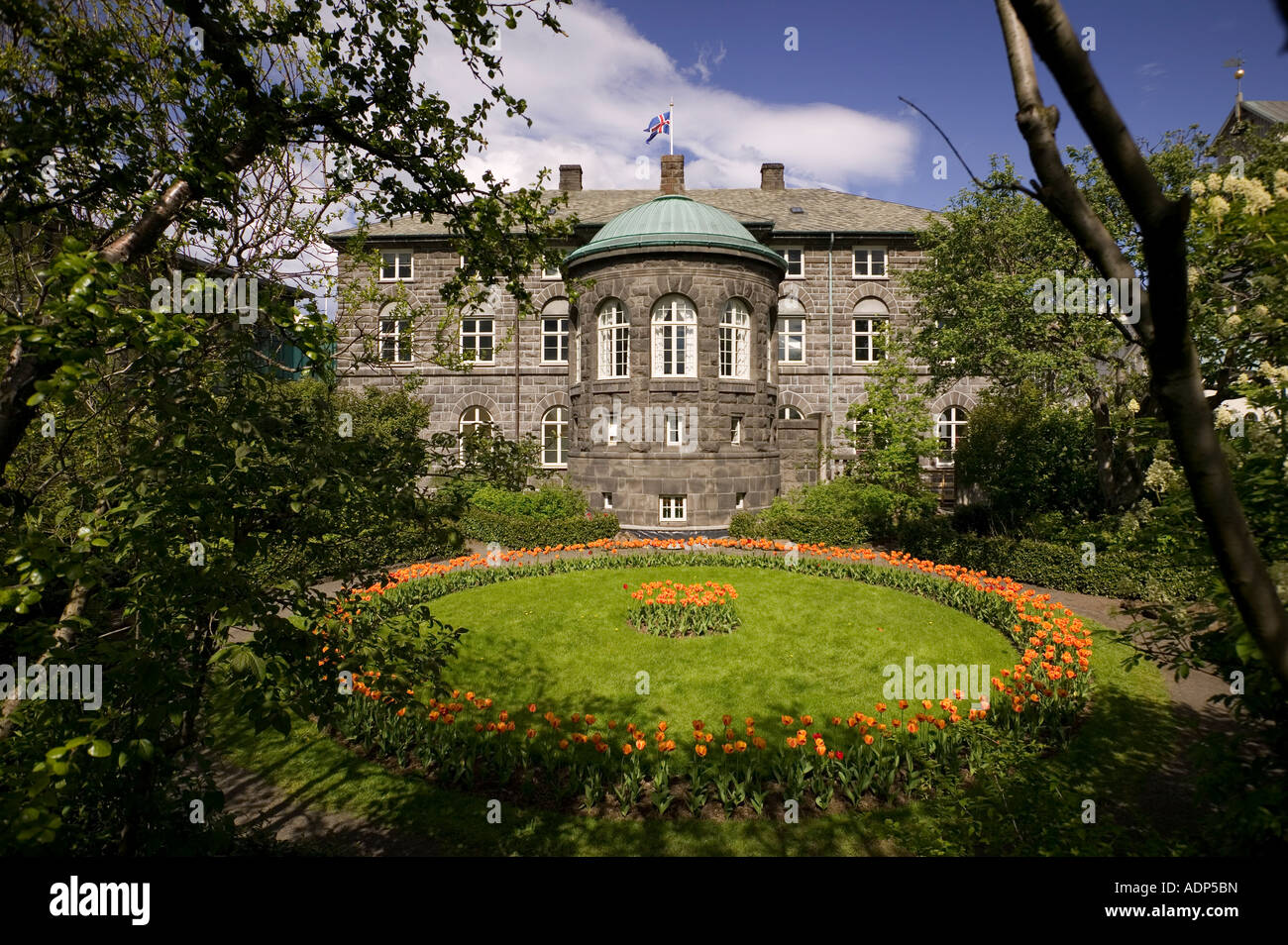 Garden in front of a parliament building, Althingi, Reykjavik, Iceland ...