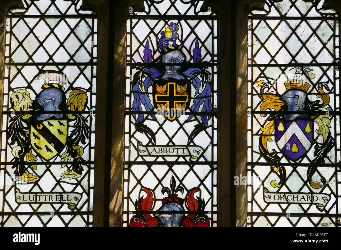 Stained glass window of knights in stoke church, Hartland point, devon ...