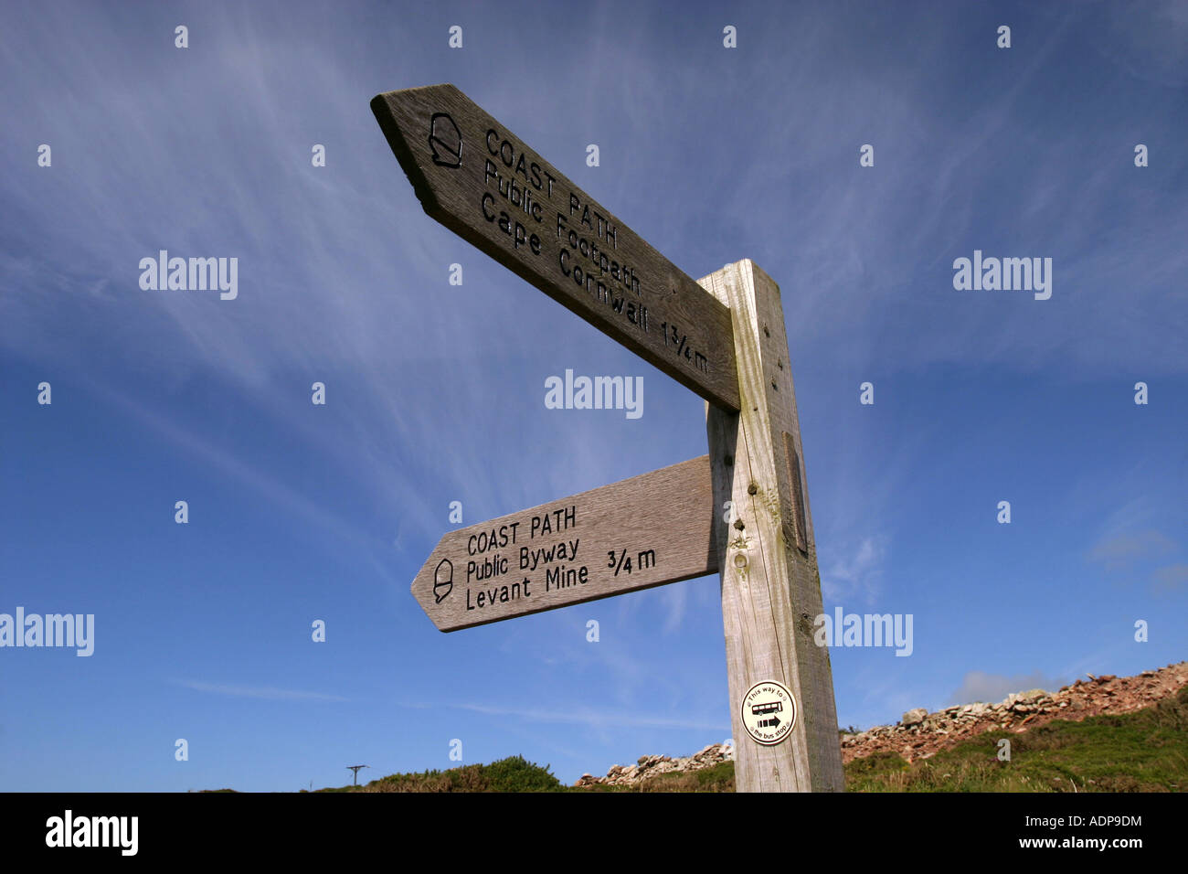 Coast path sign to Levant Mine Botallack Cornwall UK Stock Photo - Alamy