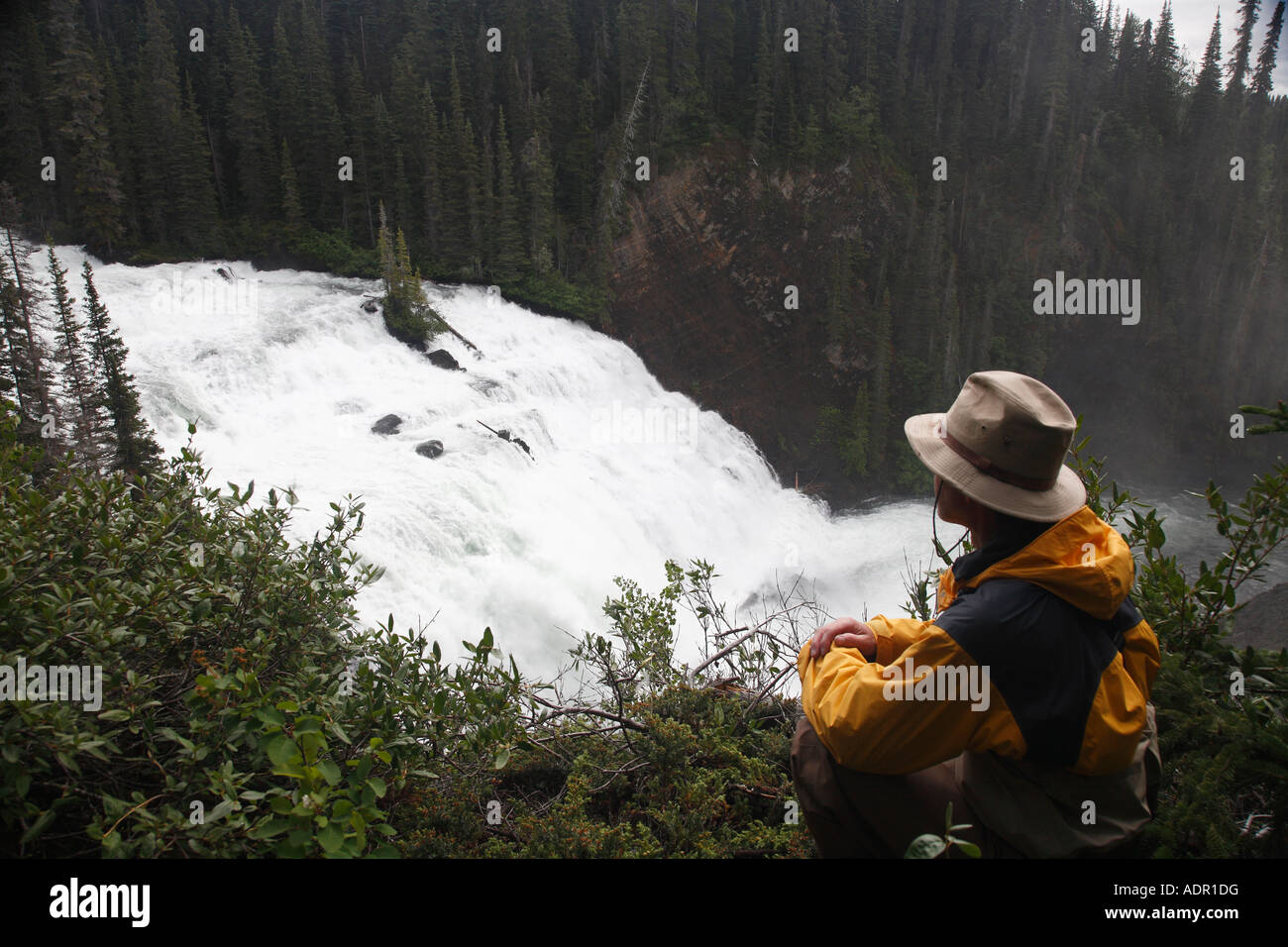 Hiker at Cascade Falls on the Iskut river Kinaskan Lake Provincial Park ...