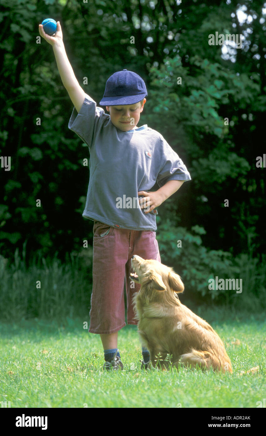 Little boy is training his dog Stock Photo - Alamy