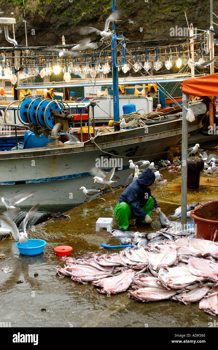 Outdoors fish and seafood market next to main dock at dusk Dodong Ri ...