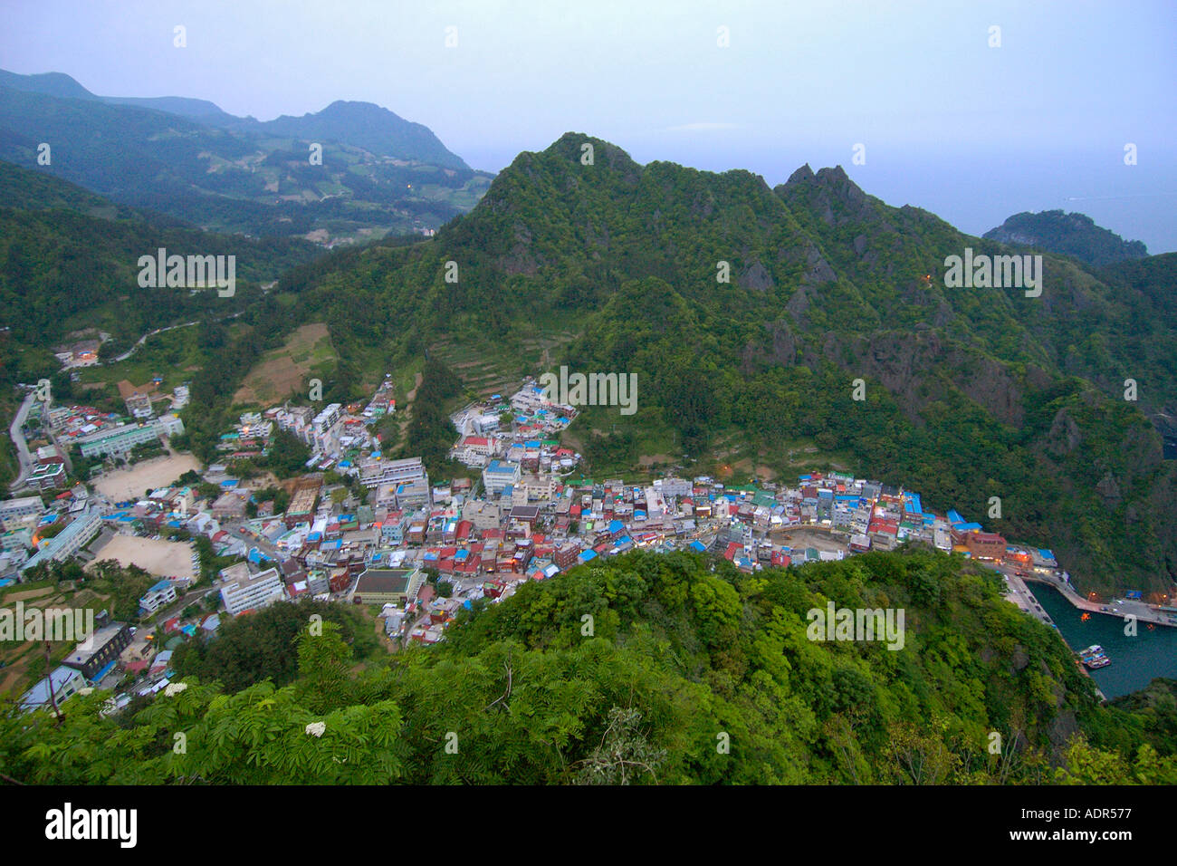 Village of Dodong Ri at dusk Ulleungdo island South Korea East Sea ...