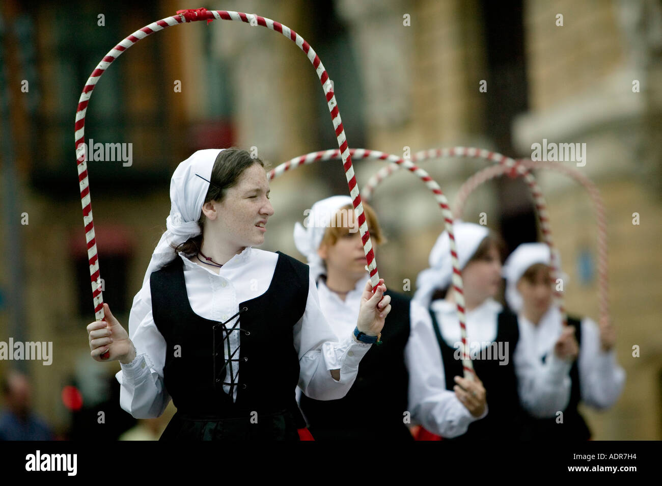 Female Basque teenagers perform traditional Basque folk dances with ...
