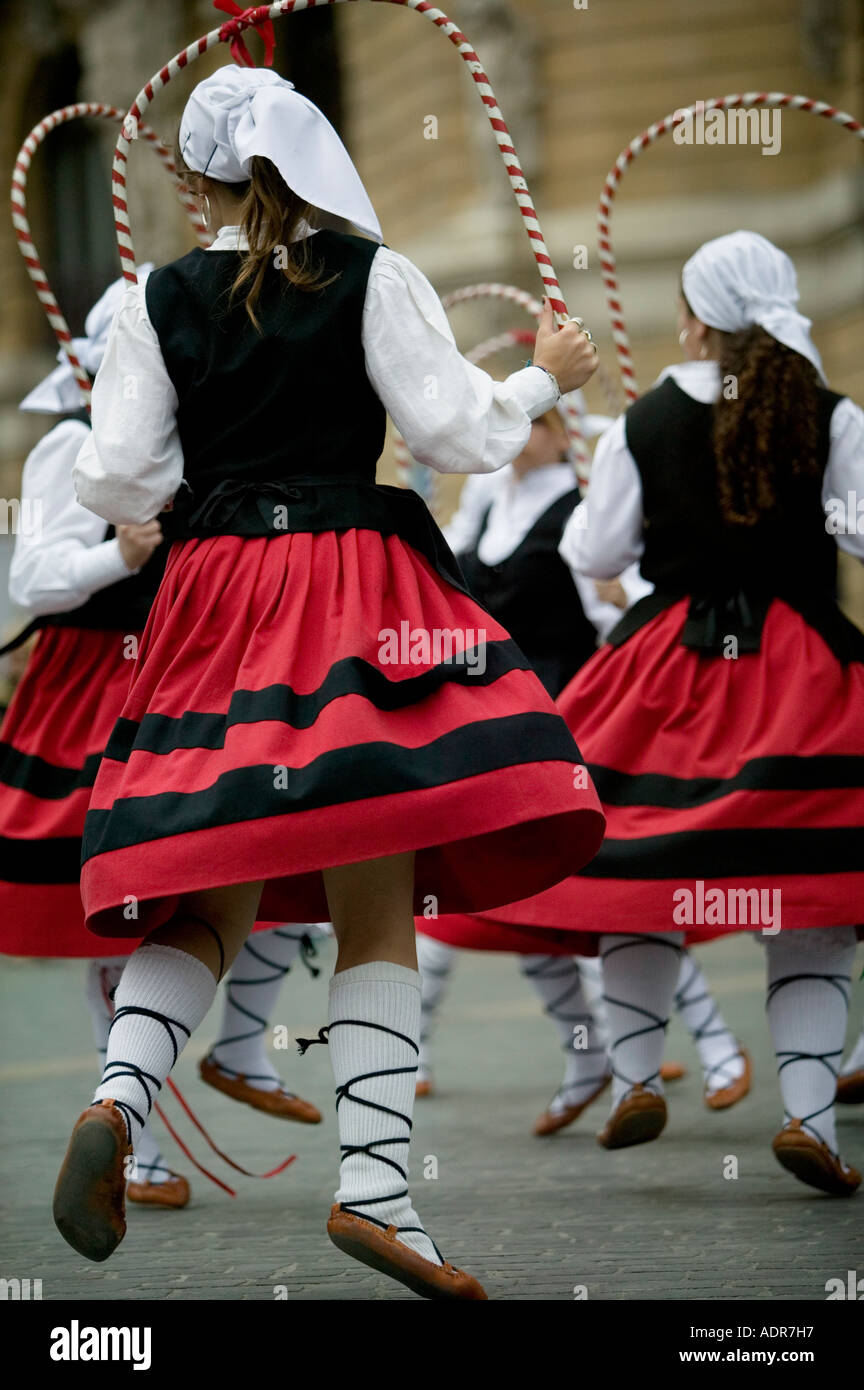 Female Basque teenagers perform traditional Basque folk dances with ...