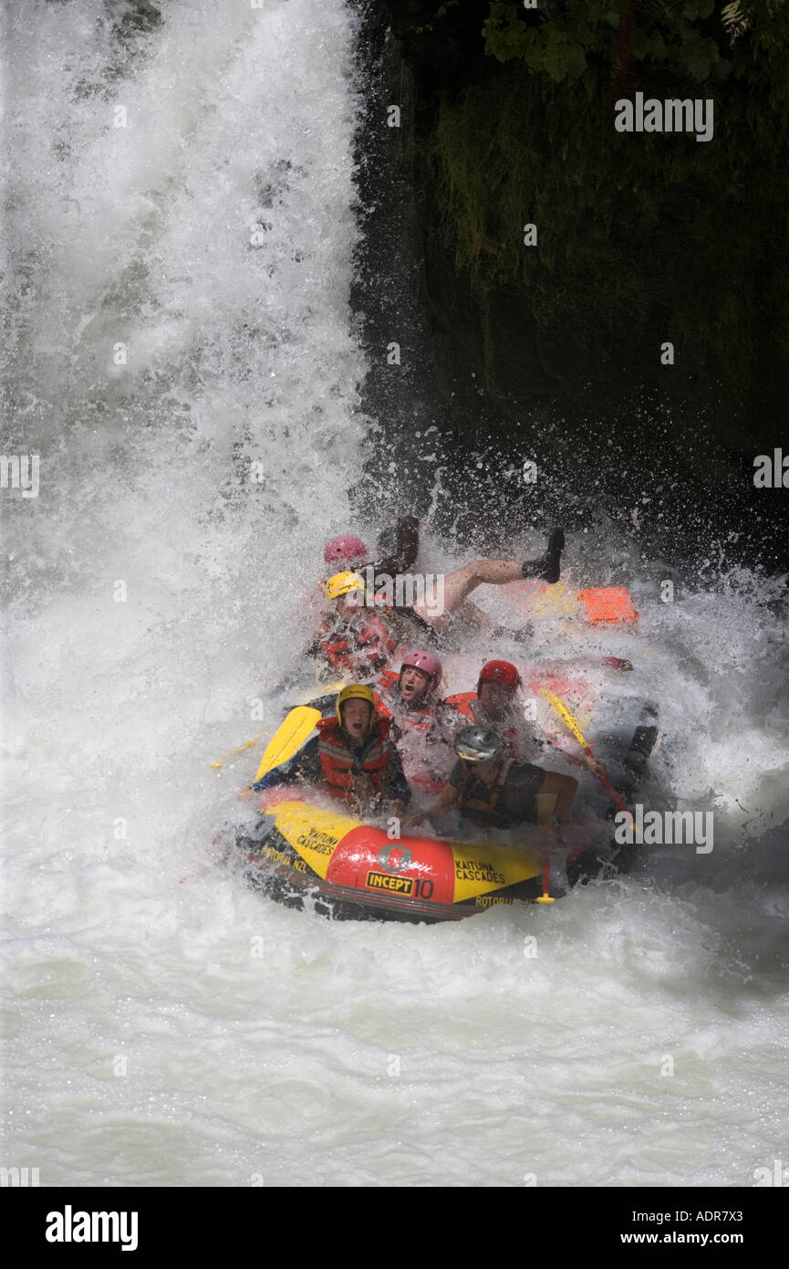New Zealand North Island Rotorua White water rafters paddling over ...