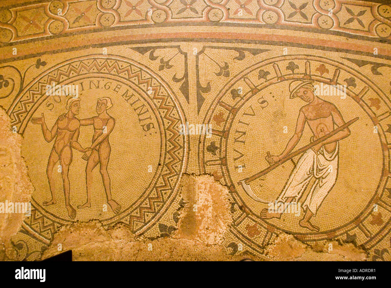 Roman mosiacs representing the signs of the zodiac, Eglise St Philibert ...