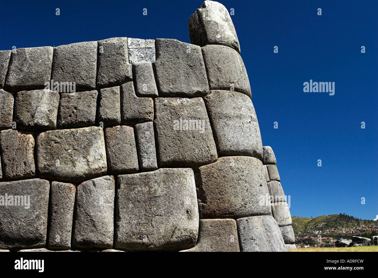 Sacsayhuaman Inca ruins, large stone wall of ancient fortress, "close ...