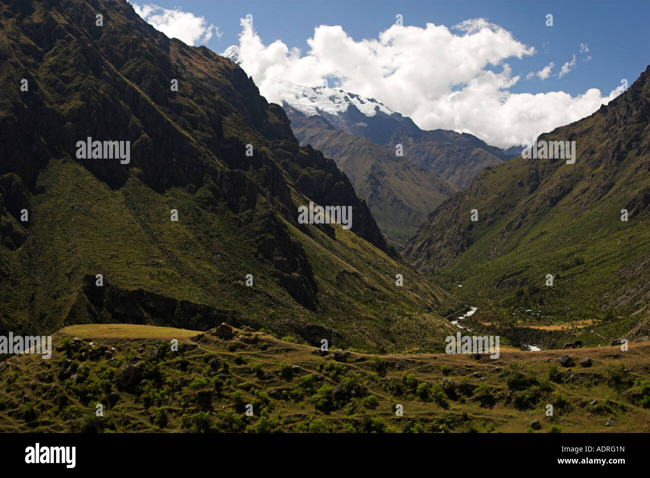 Landscape view of the [Inca Trail] and snow capped "Mount Veronica ...
