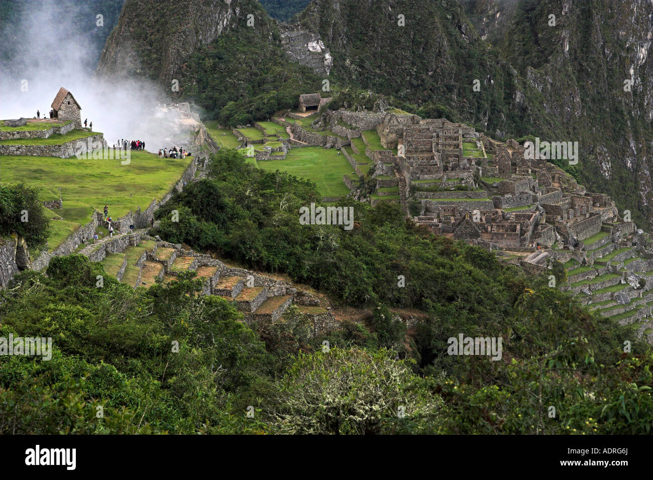 [Machu Picchu], view of [Watchman's Hut] and ancient ruins from the ...