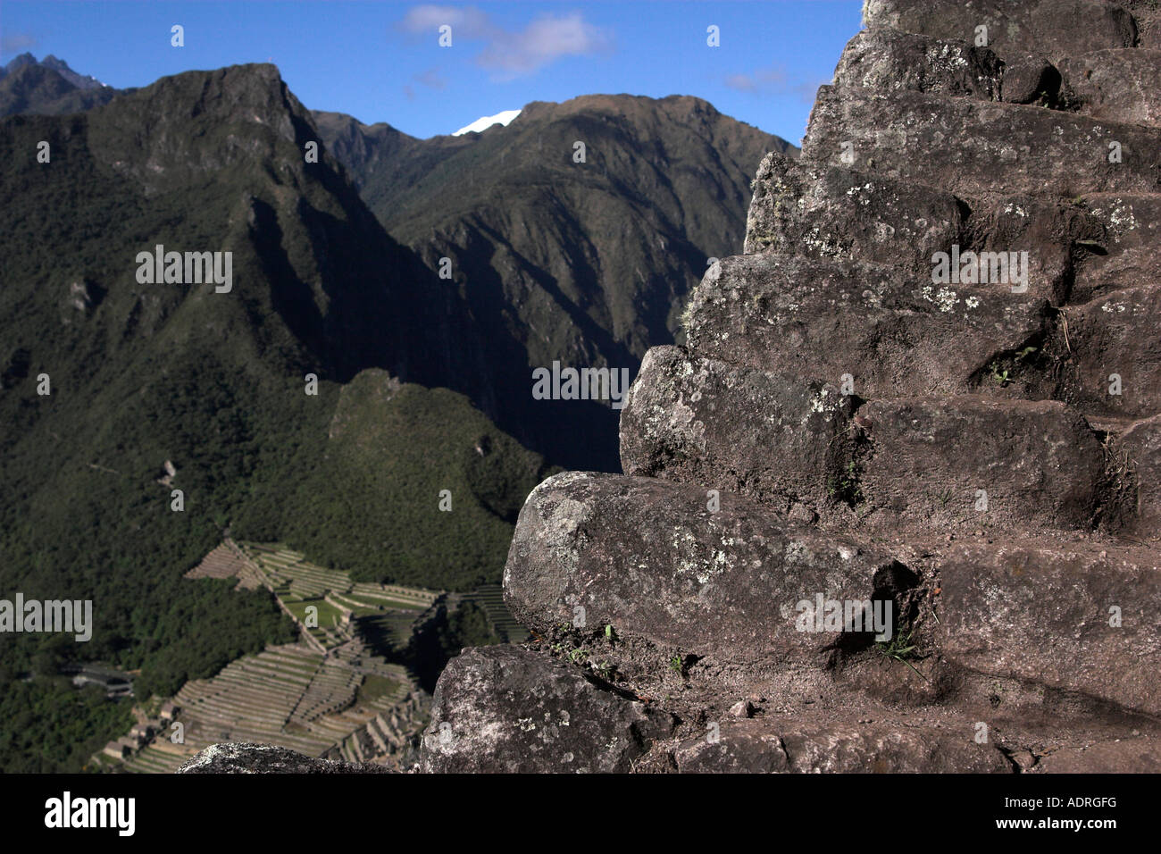 [Machu Picchu], view of ancient Inca ruins from carved stone steps on ...