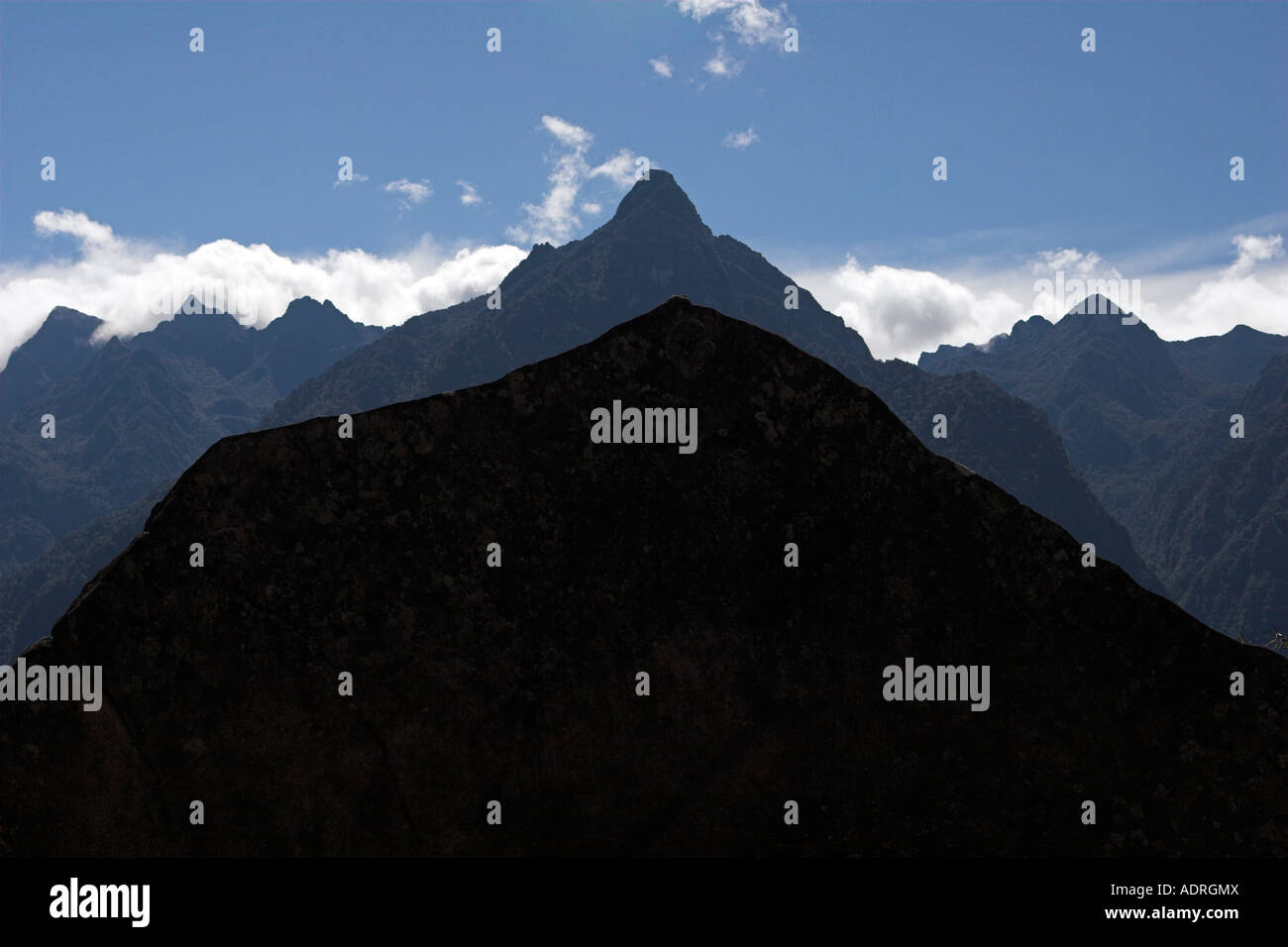 Sacred Rock, Machu Picchu, Peru, silhouette of inca carved stone ...
