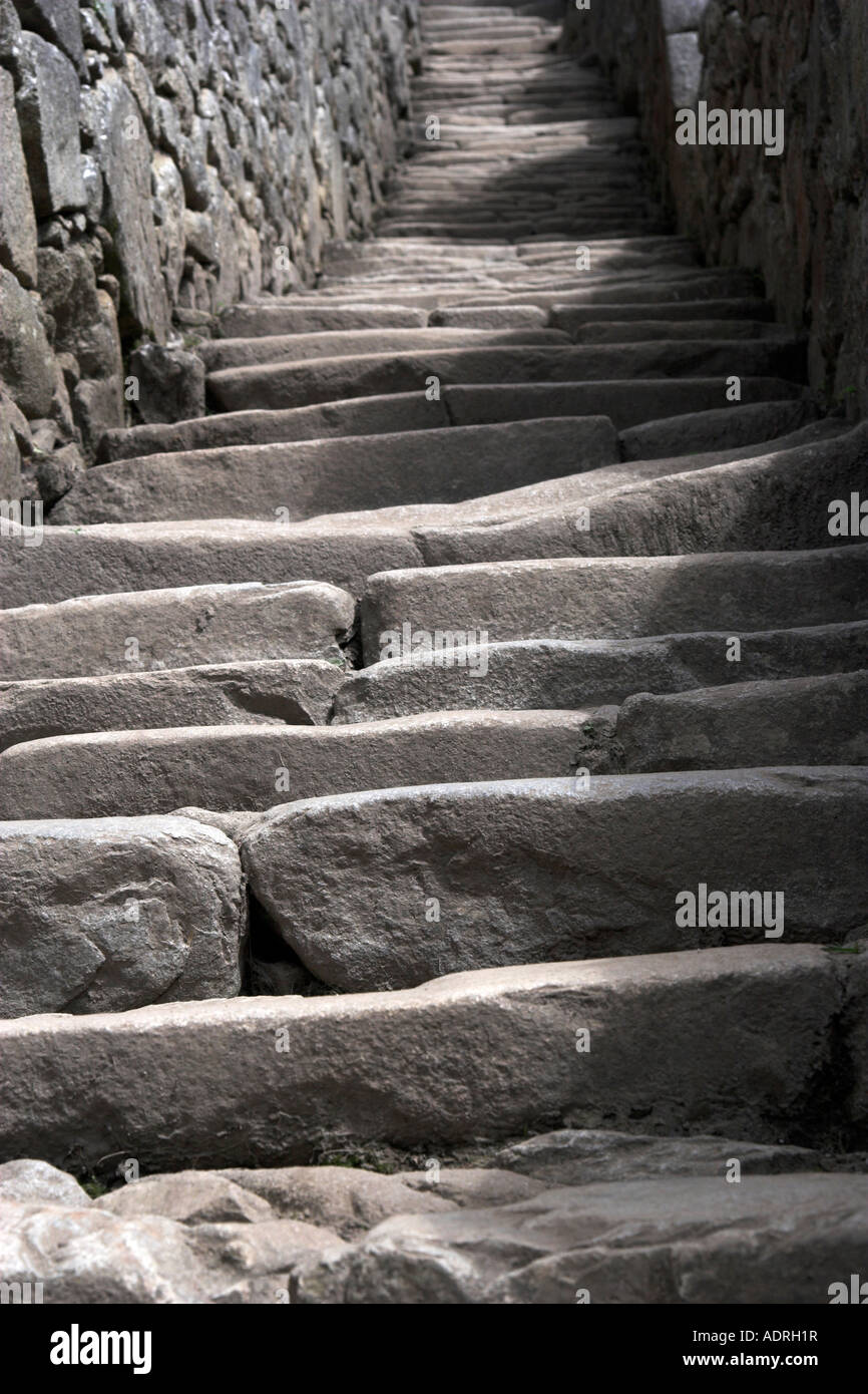 Inca stone steps at [Machu Picchu], "close up" detail of ancient rock ...