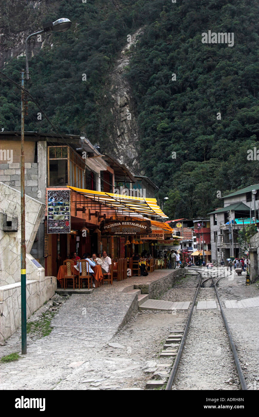 "Aguas Calientes" train stop for [Machu Picchu], railway line running ...