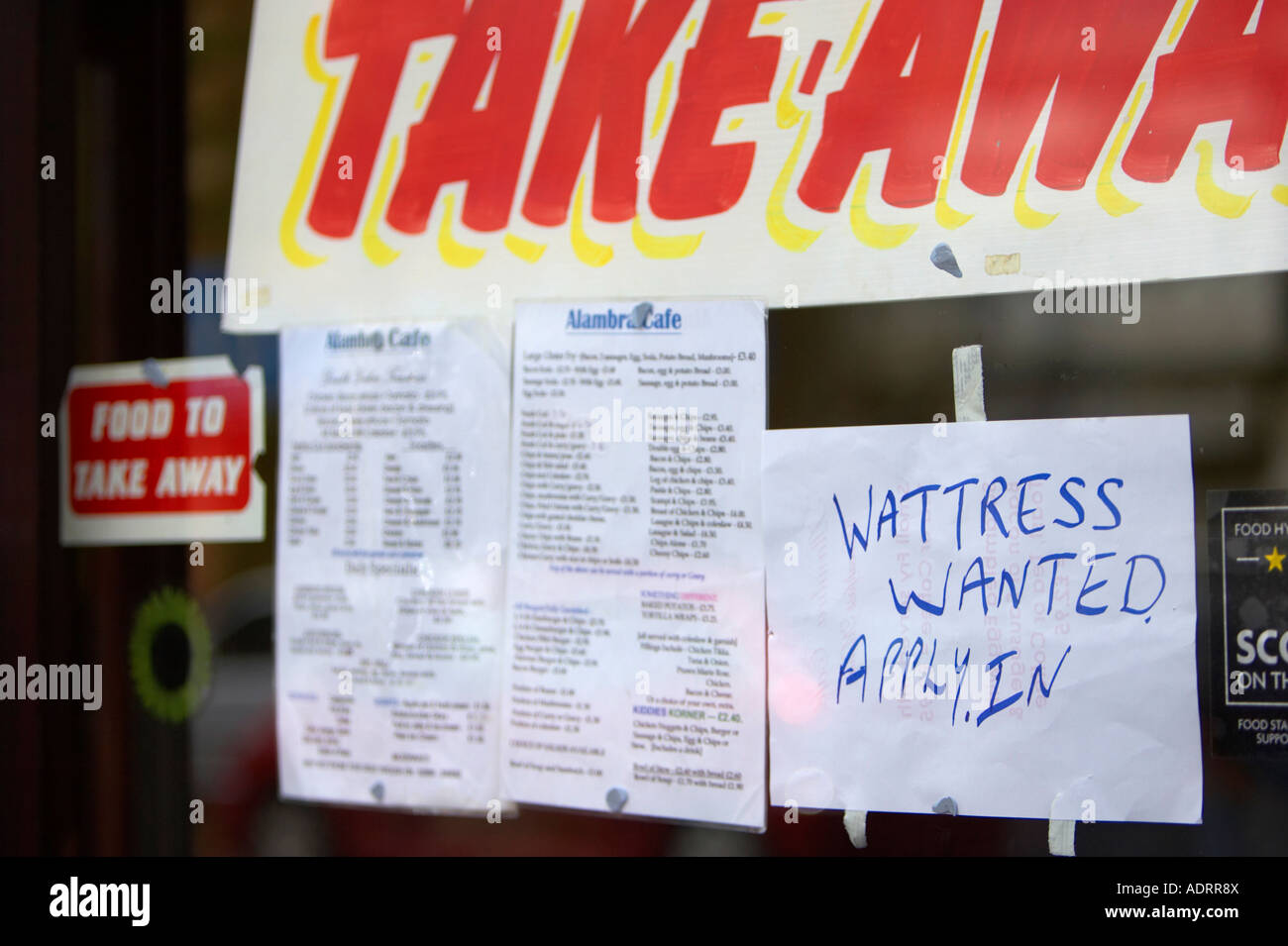wattress wanted apply in hand written misspelt waitress sign in window ...