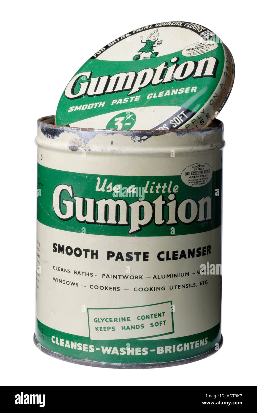 Old tin of 1950's Gumption smooth Paste cleanser Stock Photo - Alamy