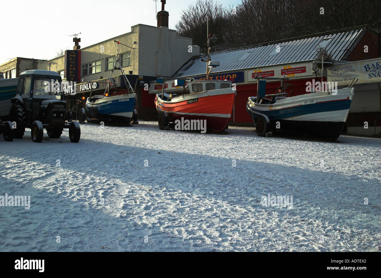 Coble Landing in the snow stituated in Filey North Yorkshire England ...