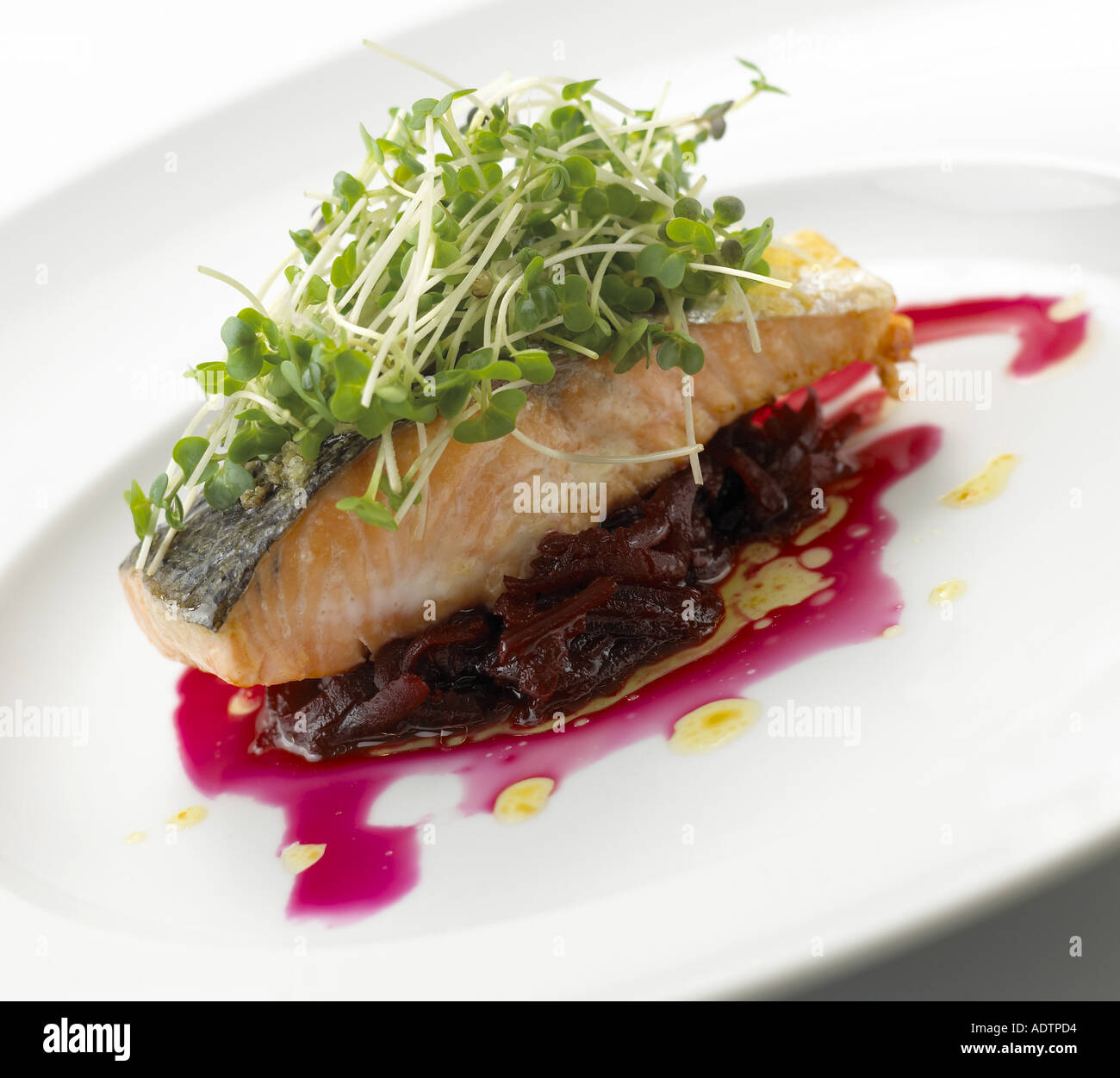Salmon fillet on a bed of beetroot with cress garnish Stock Photo - Alamy