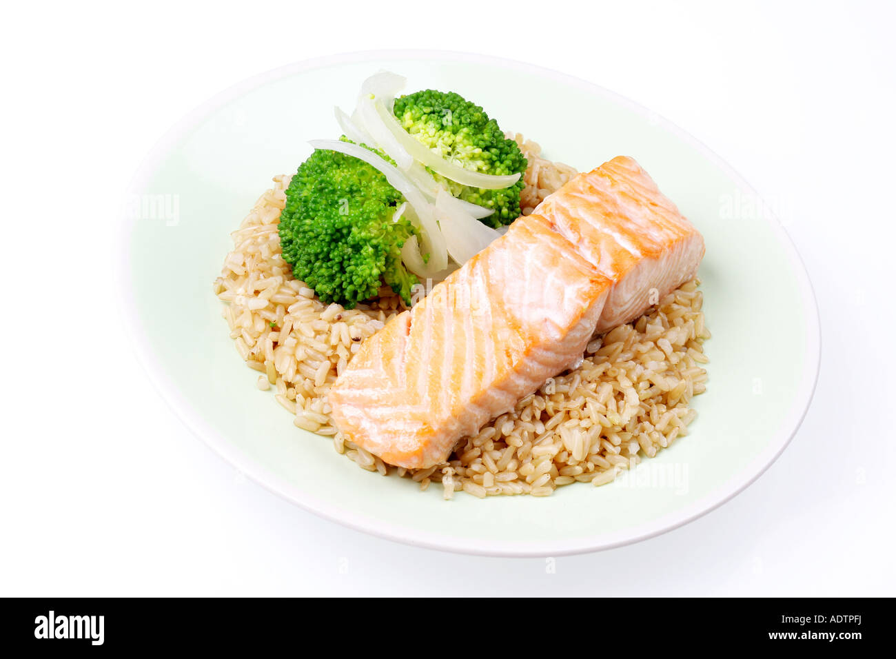 Grilled Salmon with Brown Rice Stock Photo - Alamy