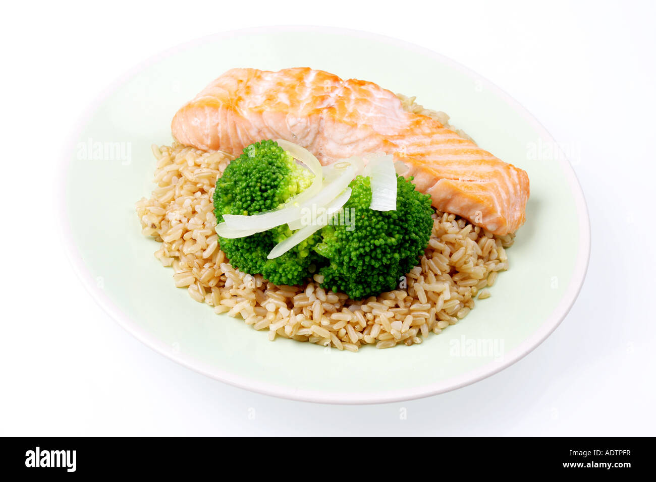 Grilled Salmon with Brown Rice Stock Photo - Alamy