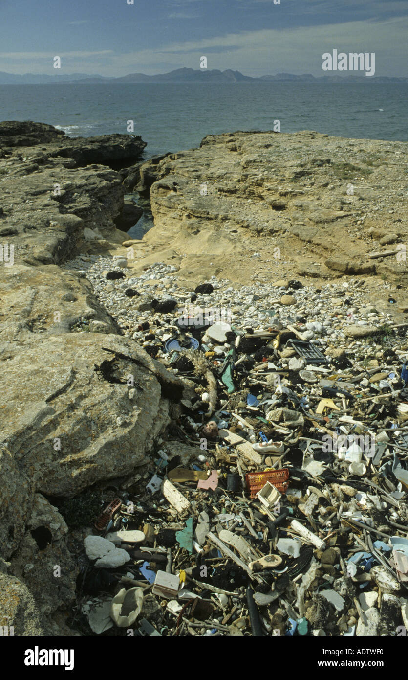 Beach and Sea Pollution Mass of rubbish in strand line Mallorca Majorca ...