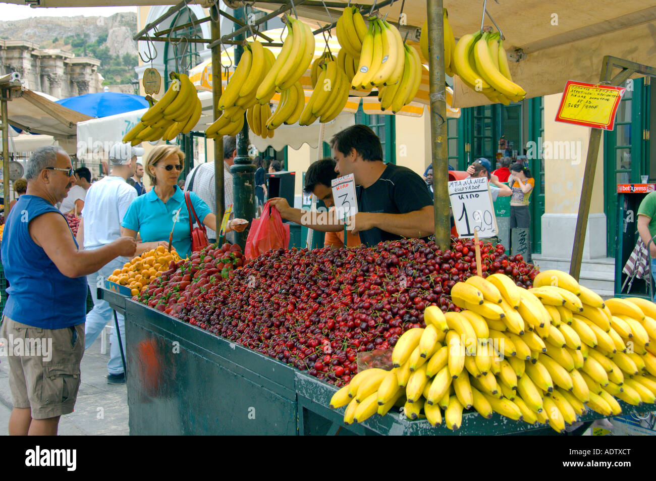 Street vendors selling fresh fruit on Monastiraki Square in Athens ...