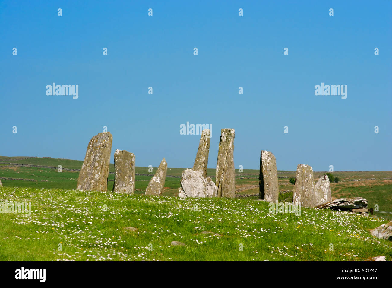 Standing stones above a chambered burial cairn or tomb at Cairnholy ...