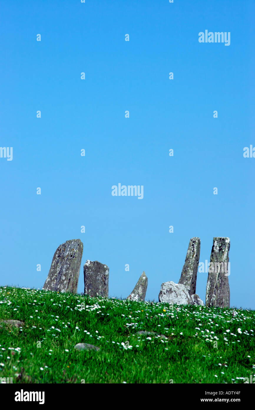 Standing stones above a chambered burial cairn or tomb at Cairnholy ...