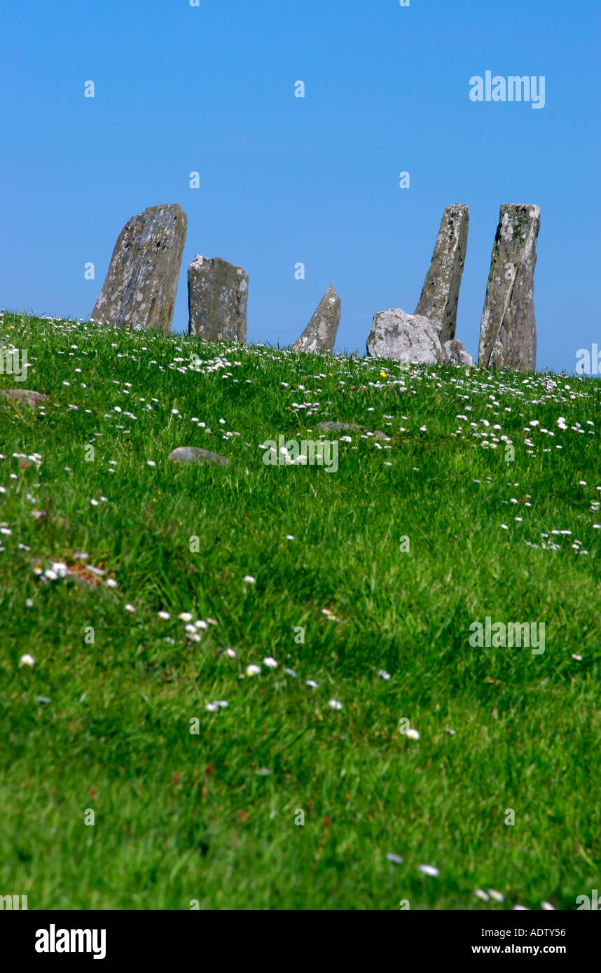 Standing stones above a chambered burial cairn or tomb at Cairnholy ...