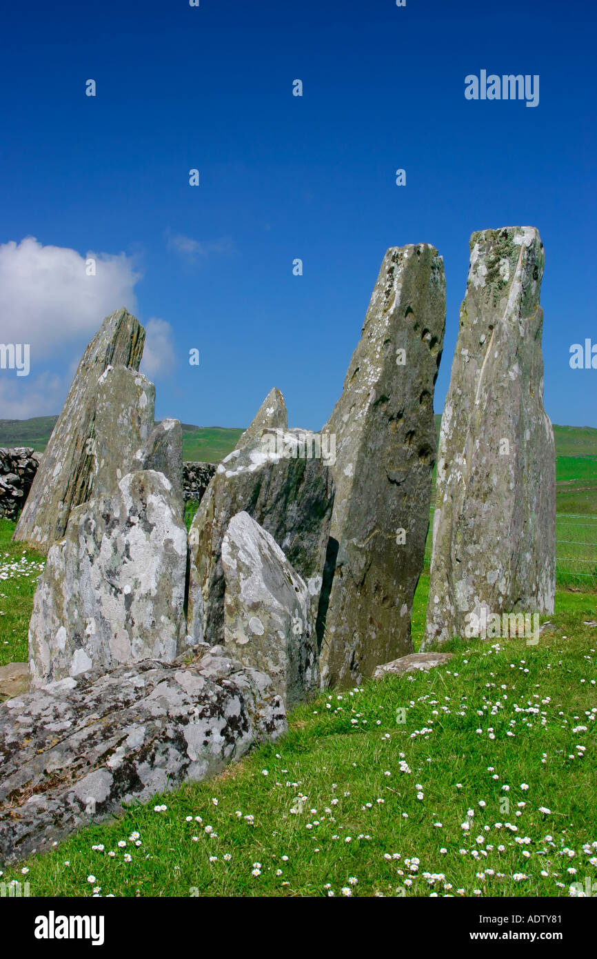 Standing stones above a chambered burial cairn or tomb at Cairnholy ...