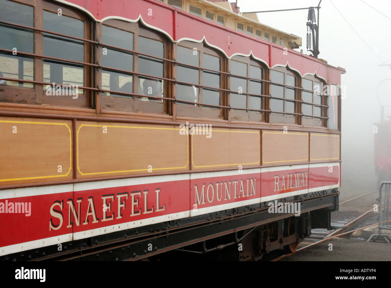 Electric train at the summit of Snaefell on the Snaefell Mountain ...