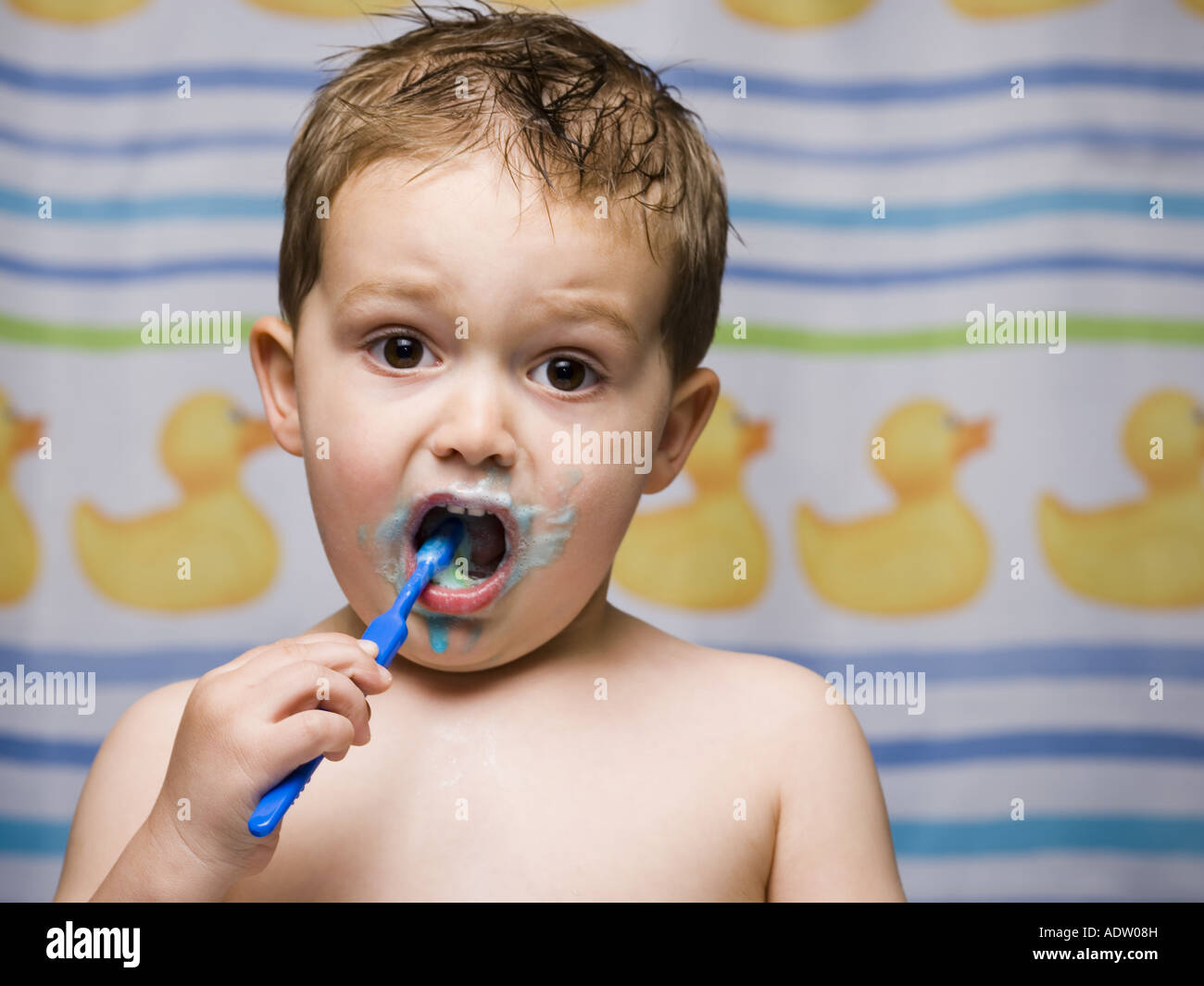 Boy brushing teeth in bathroom Stock Photo - Alamy