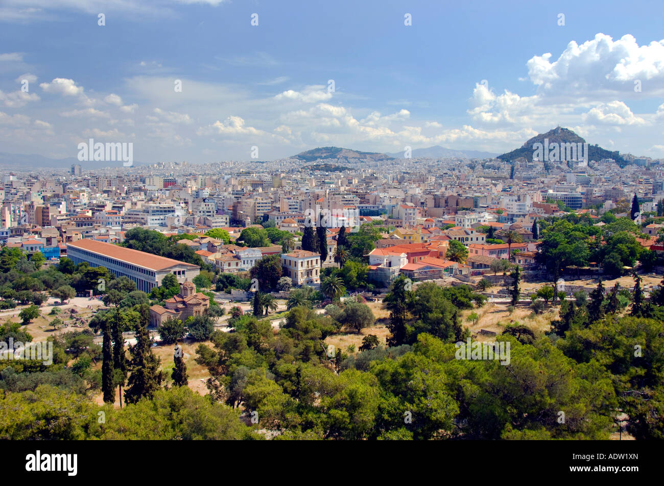 Views of the Ancient Agora and the city skyline from the areopagus in ...