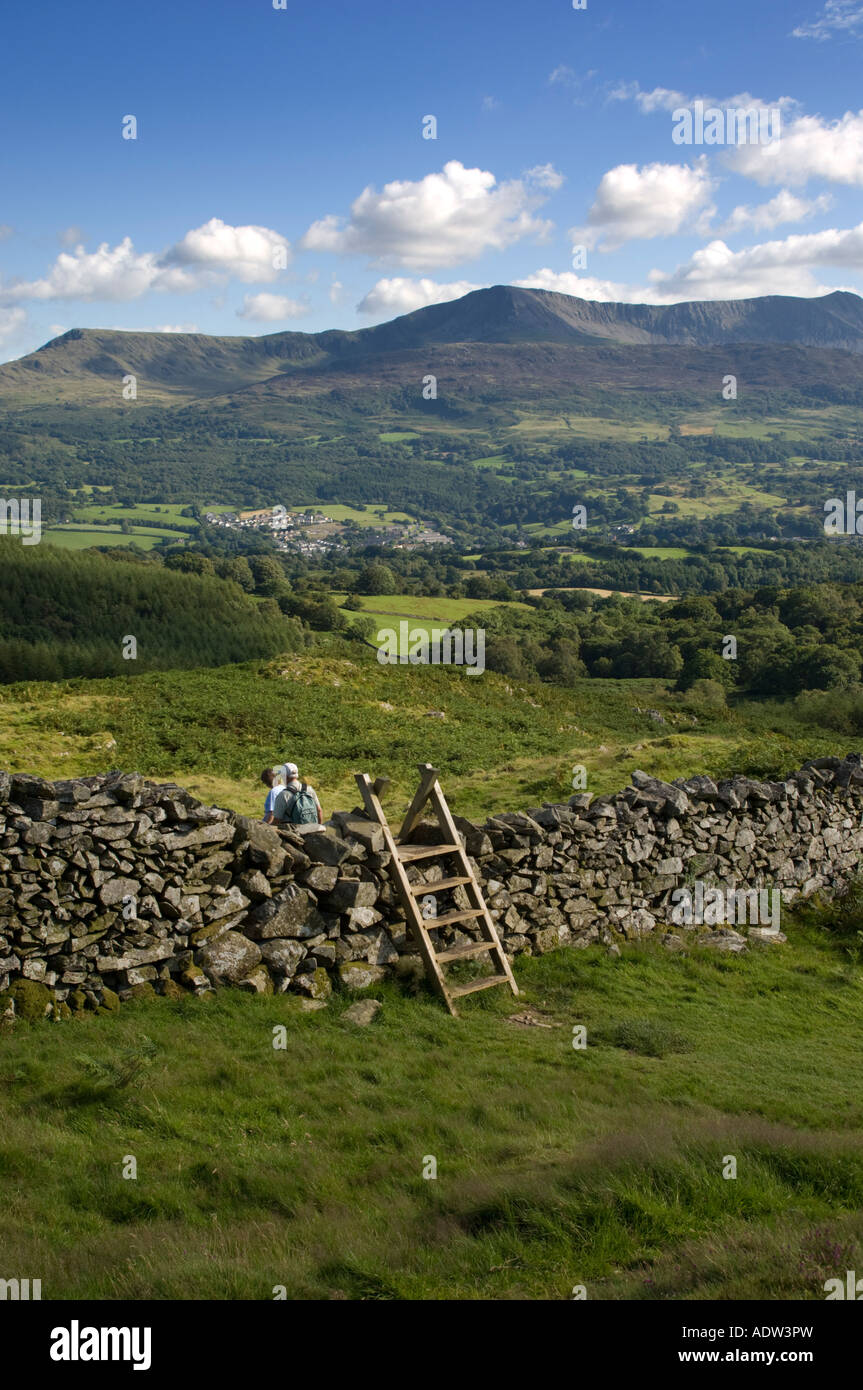 Wooden stile stone wall Precipice Walk near Dolgellau Gwynedd Snowdonia ...