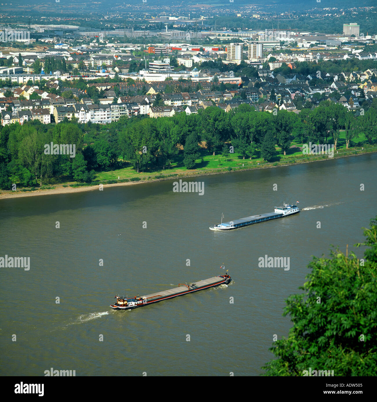 2 BARGES ON THE RHINE RIVER KOBLENZ RHINELAND-PALATINATE GERMANY Stock ...
