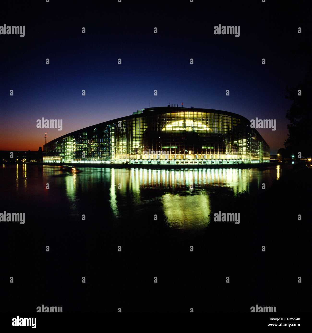 Louise Weiss building, European Parliament at night, Ill river ...
