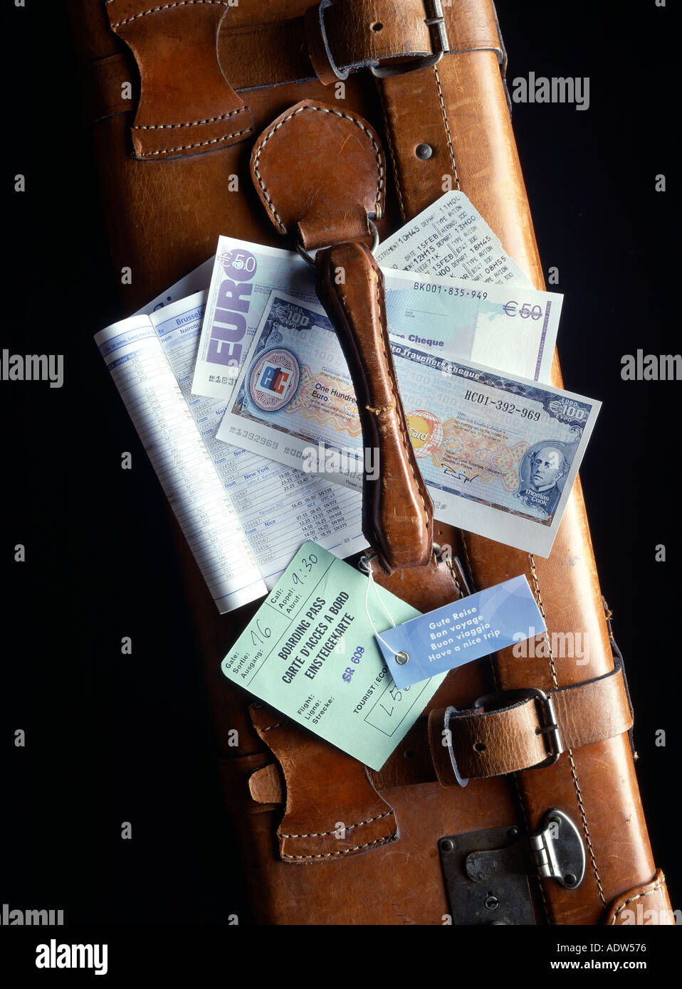 EURO TRAVELLERS CHEQUES WITH AIRLINE BOARDING PASS AND TIMETABLE ON TOP ...