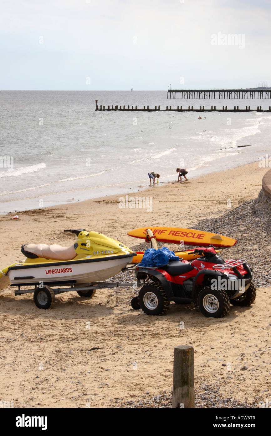 Lifeguard rescue boats on the beach at Lowestoft, Suffolk, England ...