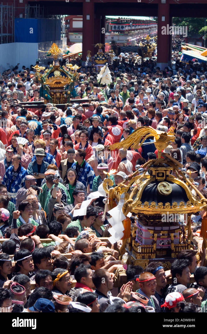 Mikoshi portable shrine of the gods parade crowds of people Sanja ...