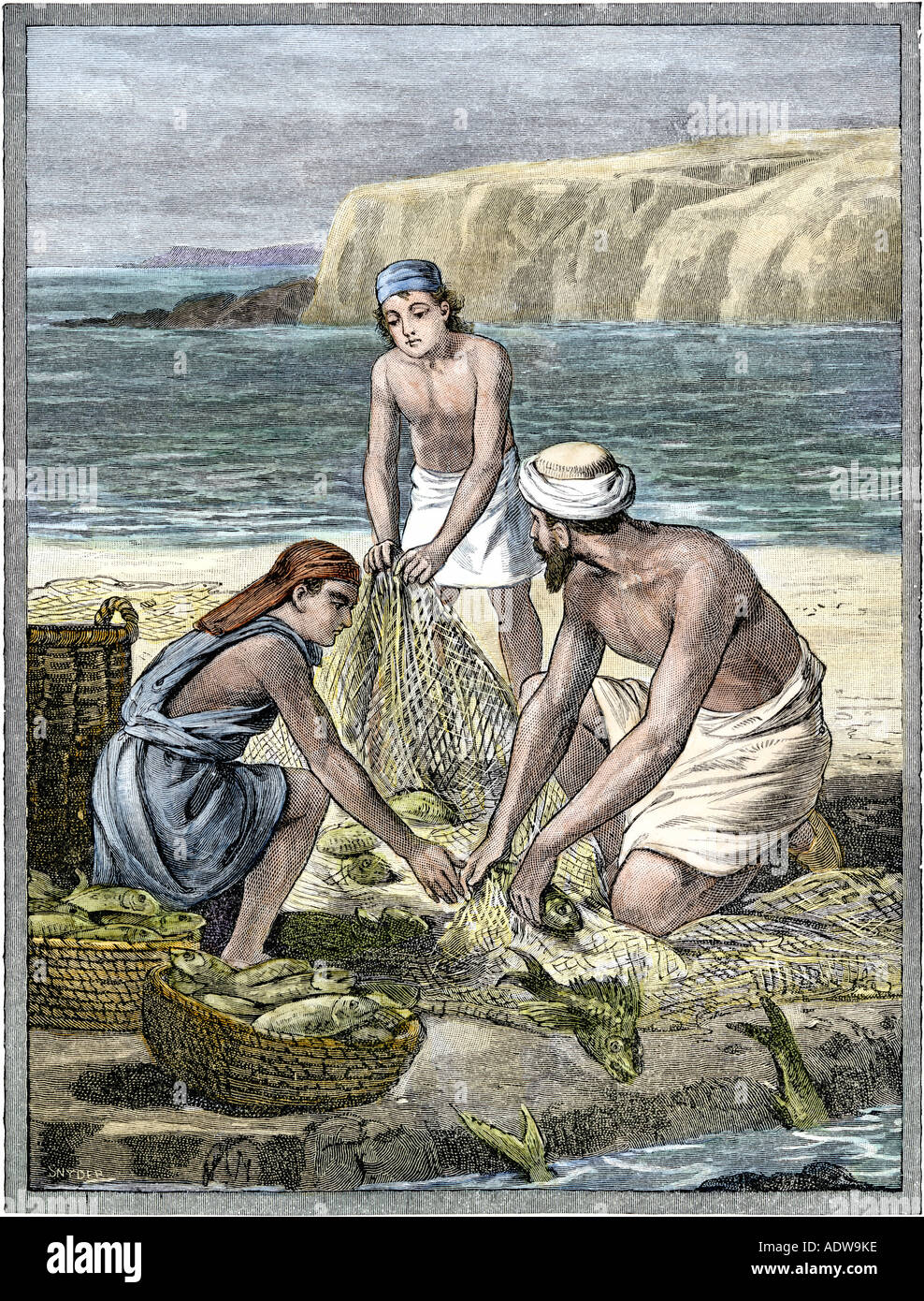 Fishermen with nets in ancient Palestine. Hand-colored woodcut Stock ...