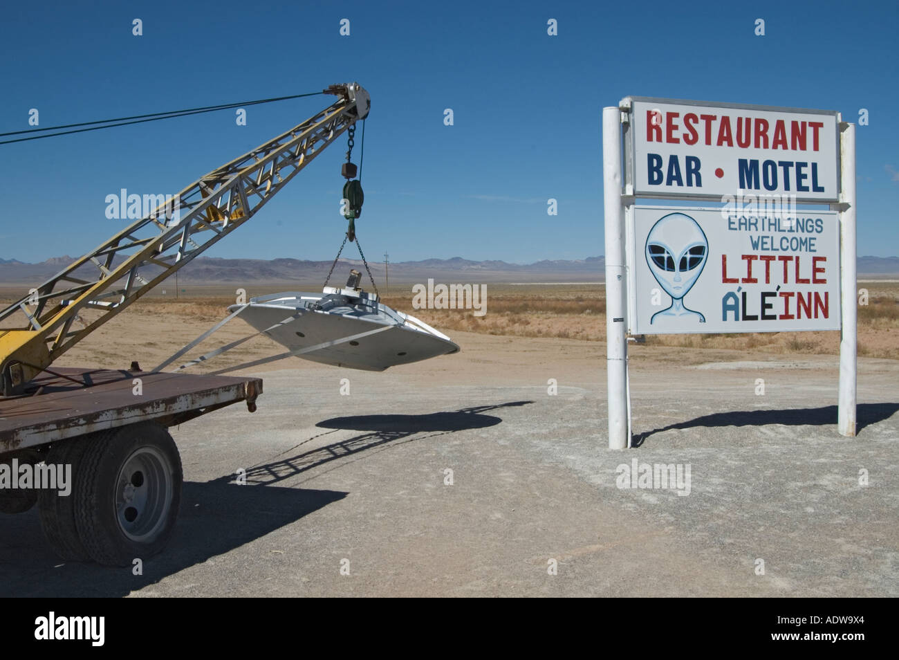 Nevada Extraterrestrial Highway Rachel Little A LE INN sign flying ...