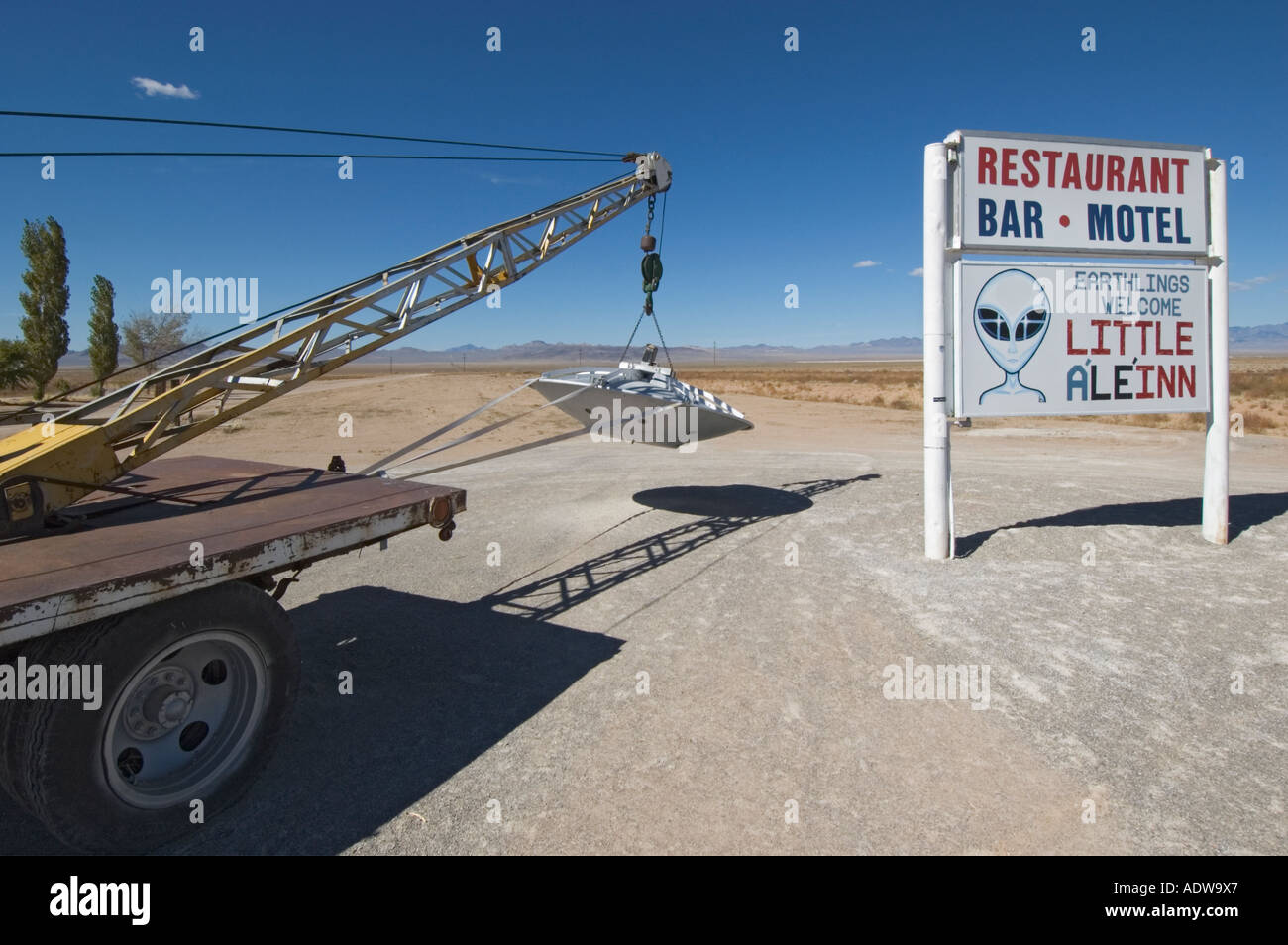 Nevada Extraterrestrial Highway Rachel Little A LE INN sign flying ...