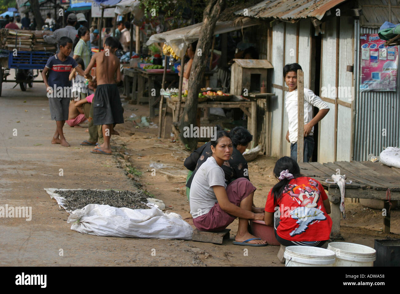 Cambodian local people sell chicken feathers on the street in Siem Reap ...
