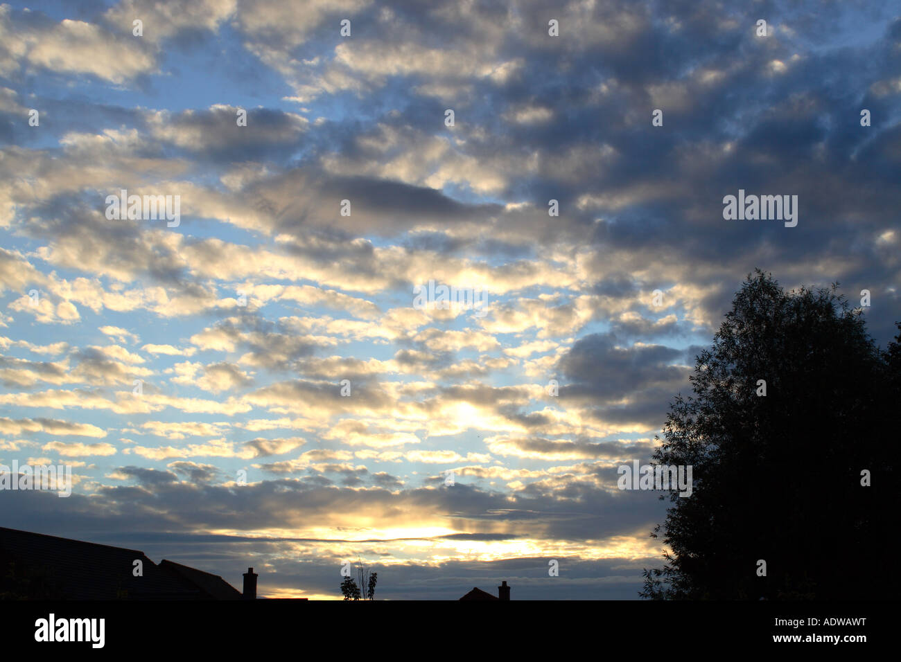 Stormy, cloudy evening sky with a light blue sky and slightly darkening ...