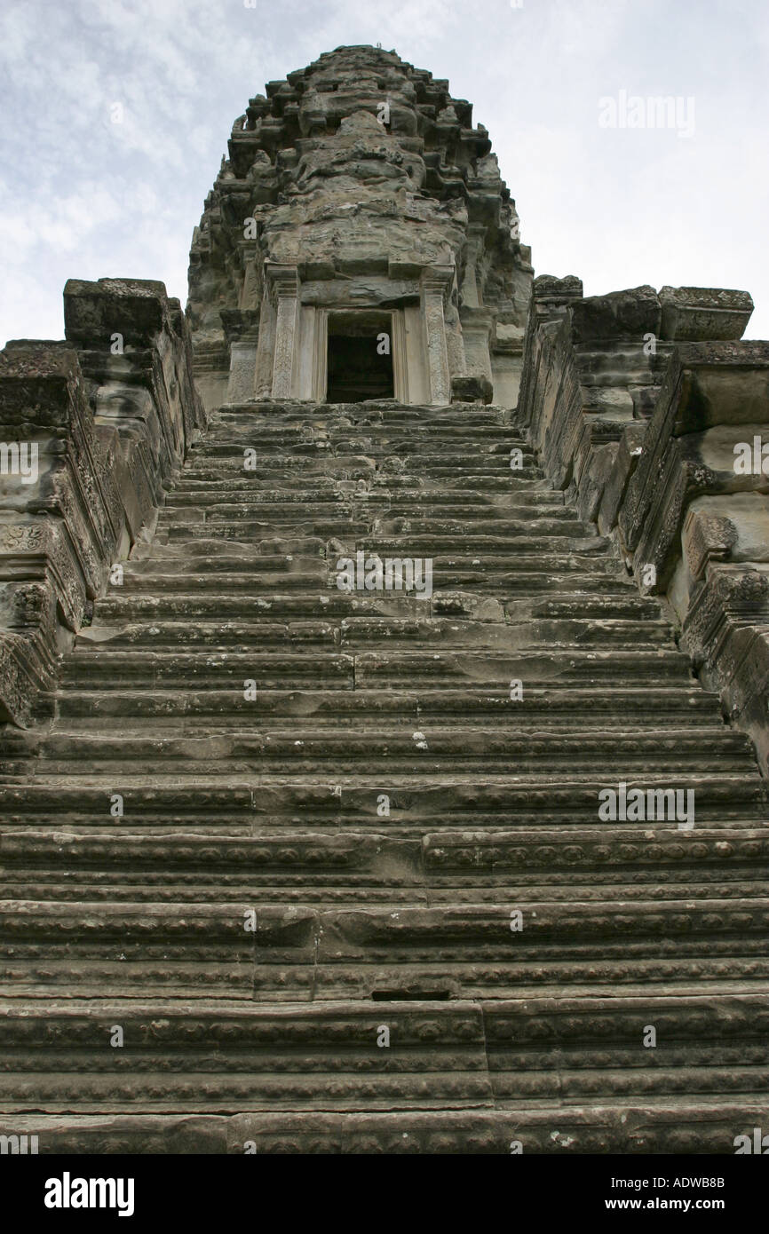 Steep stone steps lead up to the main high temple at Angkor Wat Siem ...