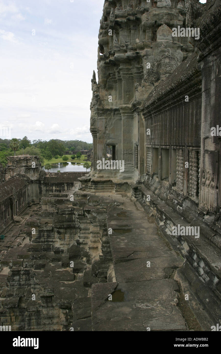Aerial view of the side walls of the main Angkor Wat temple and ...